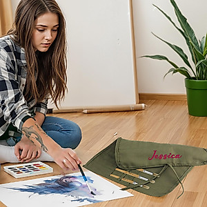 Personalized Paint Brush Holder for Artist, Customized Canvas Paint Brush with Name, Paint Brush Holders & Organizers for Acrylic Oil Watercolor Paint Brush Roll Pouch Holds 100 Brushes- Army Green