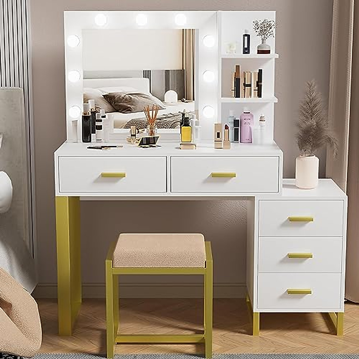 Hsozptry Makeup Vanity Desk with Mirror and Lights,Makeup Vanity Table Set with 5 Drawers,Cushioned Stool and Lightings, 45.51 inch Dressing Table for Bedroom Women Girls