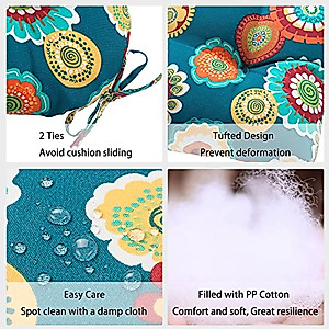 MAGPIE FABRICS Outdoor 15"x15"x4" Round Bistro Seat Cushions with Ties Set of 2, Tufted Waterproof Patio Floor Chair Pads for Home Garden Balcony Kitchen Office Porch, Heronsbill Turquoise Green