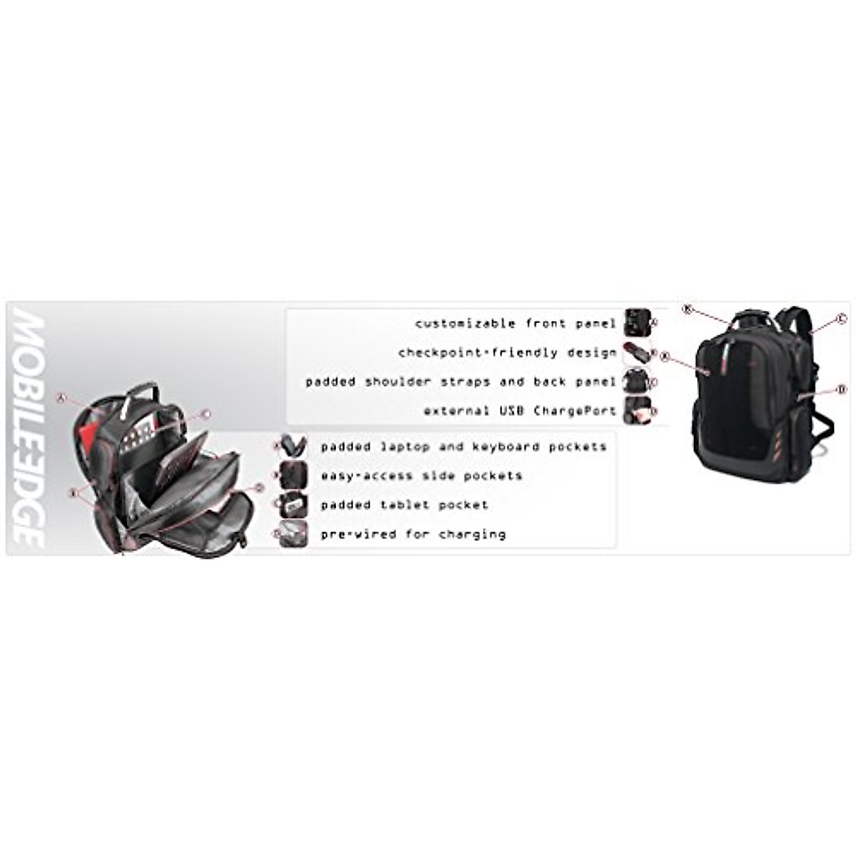 Core Gaming Laptop Backpack From Mobile Edge Core Gaming, 17.3 Inch, External USB 3.0 Quick-Charge Port w/Built-in Charging Cable, Patch Panel - Black w/Red Trim - MECGBPV1