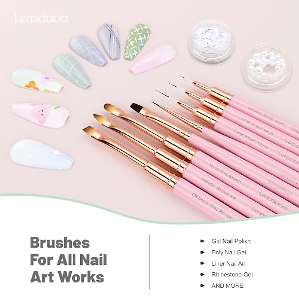 Komall Nail Art Brushes Set, 8Pcs Gel Polish Nail Art Design Painting Tools with Nail Extension Gel Brush Builder, Thin Nail Art Liner Brush and Nail Dotting Pen for Salon Home Diy Manicure 1