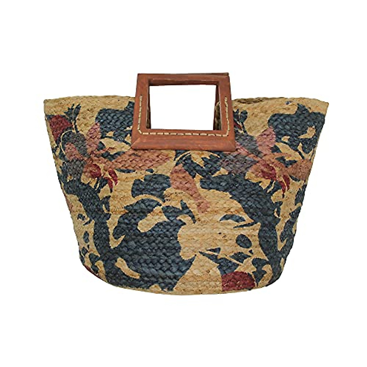 Olivia Miller Women's Fashion Freida Natural Beige Straw Jute Tote Bag w Beach Floral Leaf Foliage n Wooden Handles, Large Boho Casual Purse Handbag