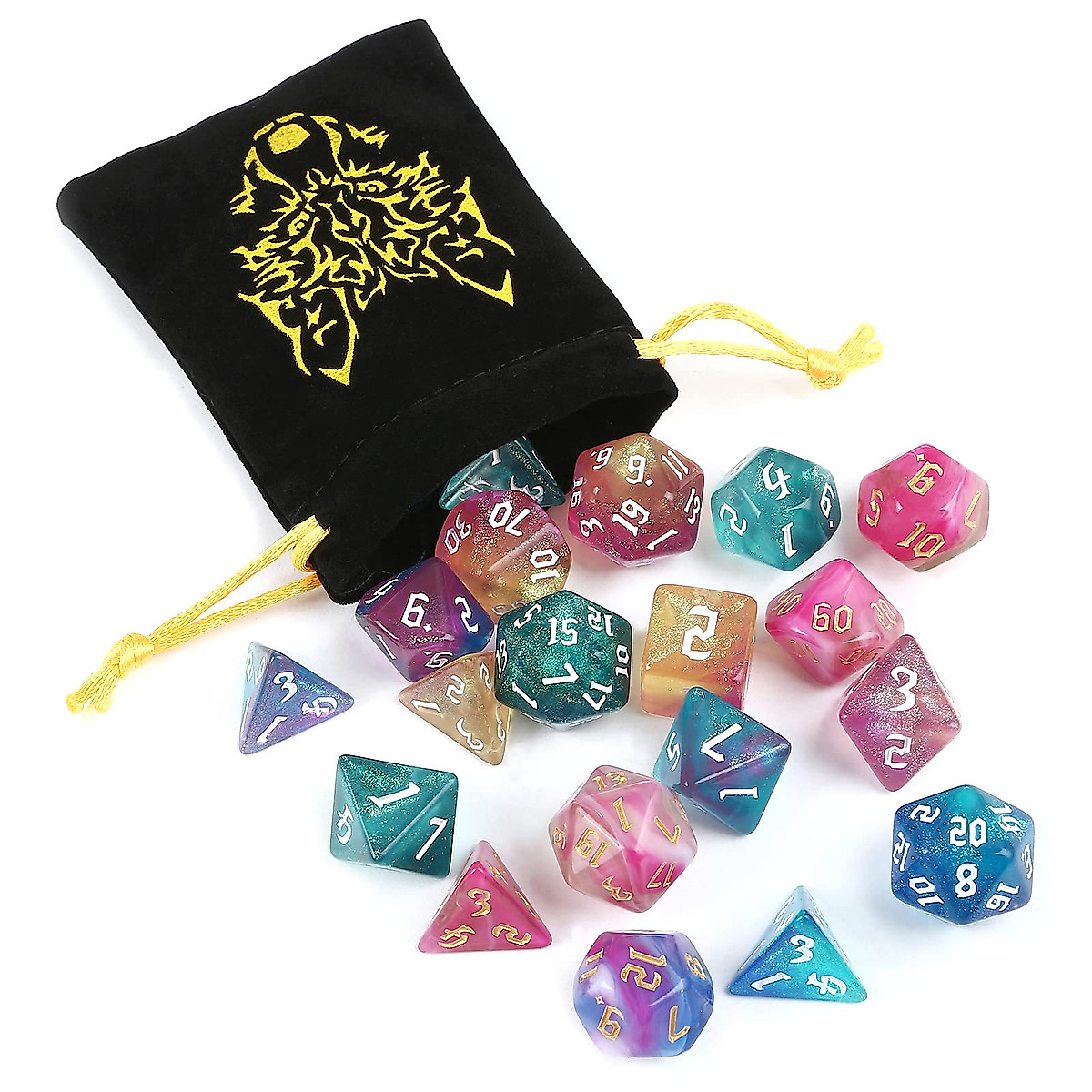 GWHOLE 42 Pcs(6 Sets) Polyhedral Dice with Gold Pattern Drawstring Pouches for DND RPG MTG Dungeon and Dragons Table Board Roll Playing Games Style 3