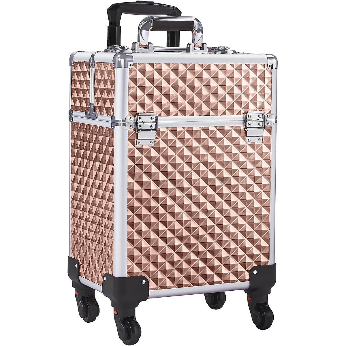 Yaheetech Rolling Makeup Train Case Professional Aluminum Cosmetic Case Large Storage Makeup Trolley with 4 Detachable Removable Wheels, 4 Trays and 1 Cubby with Sliding Rail - Holographic Gold
