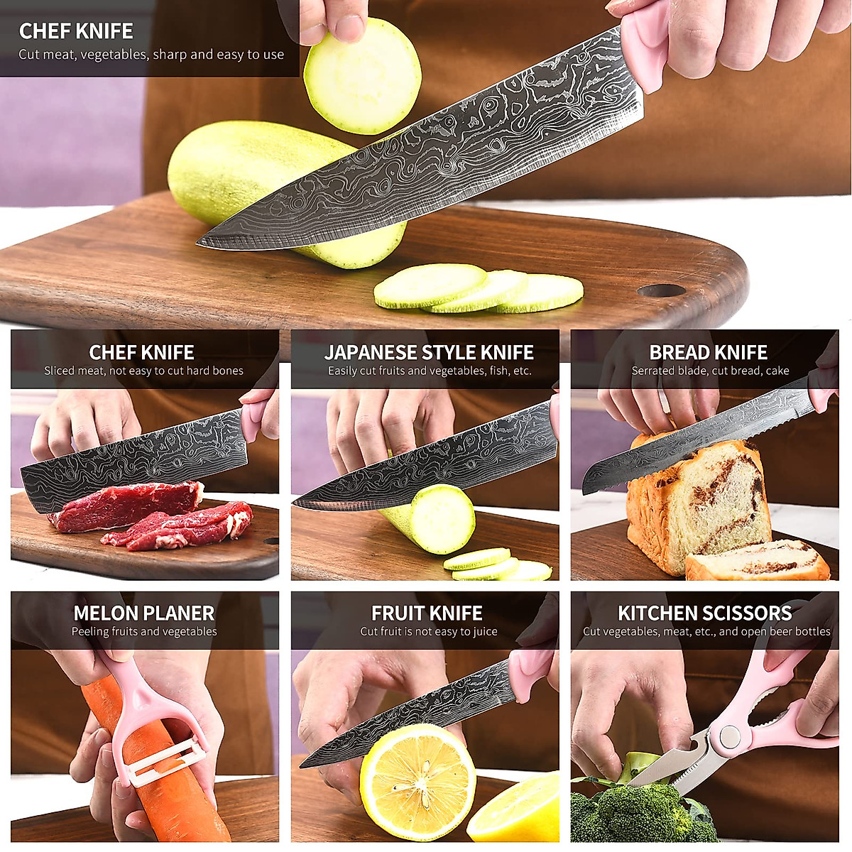 Damascus Knife Set 18Pcs Non Stick Sharp Kitchen Knives Set with Acrylic Block Cutlery Knives Block Set Chef Quality Best Gift Pink Handle