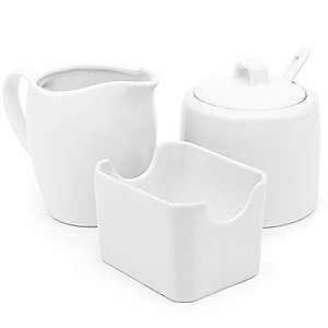 Kook Sugar and Creamer Set, 3 Piece, Pitcher, Sugar Bowl with Lid and Spoon, Sweetener Holder, White