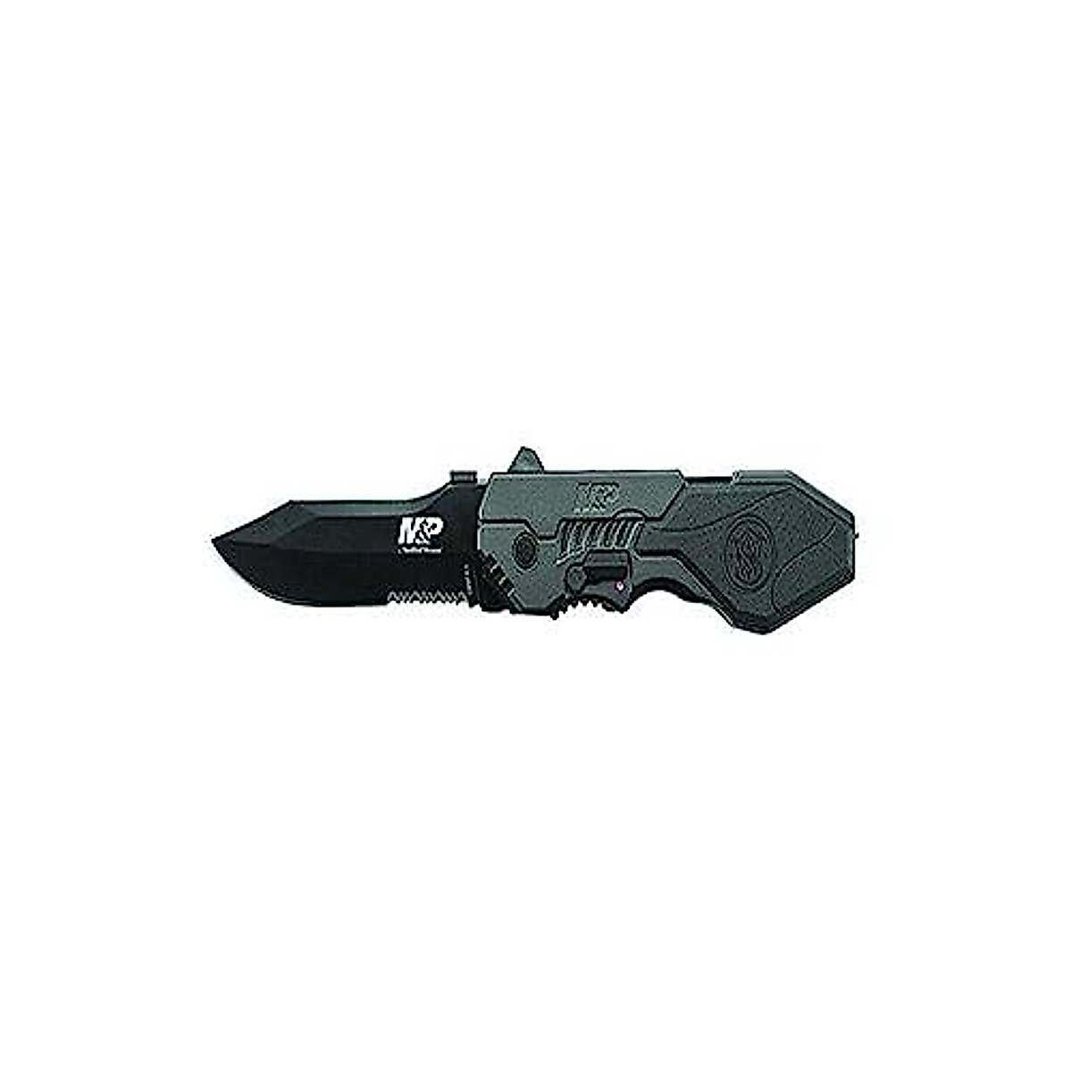 Smith & Wesson Large M.A.G.I.C. Assisted Opening Liner Lock Folding 3.6' Serrated Edge Clip Point 4034 Stainless Steel Blade with Aluminum and Rubber Handle Clam Pack,Grey