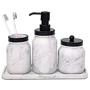 Artfrog Bathroom Accessory Set,Marble Bathroom Accessories,Mason Jar Bathroom Accessory Set, 4 Pcs Bathroom Accessory Set, Marble Look, Include Lotion Dispenser &Tumbler& Cotton Jar&Tray