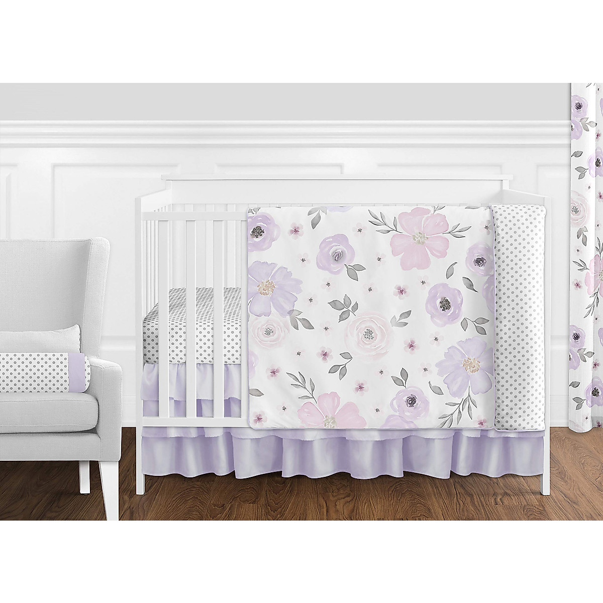 Sweet Jojo Designs Lavender Purple, Pink, Grey and White Shabby Chic Watercolor Floral Baby Girl Nursery Crib Bedding Set - 11 Pieces - Rose Flower Polka Dot