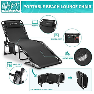 #WEJOY Outdoor Folding Chaise Lounge Chair for Outside, Patio, Beach, Poolside, Sunbathing, Adjustable 5-Position Reclining Chairs, Heavy Duty Camping Cot with Shoulder Strap and Pillow, Black