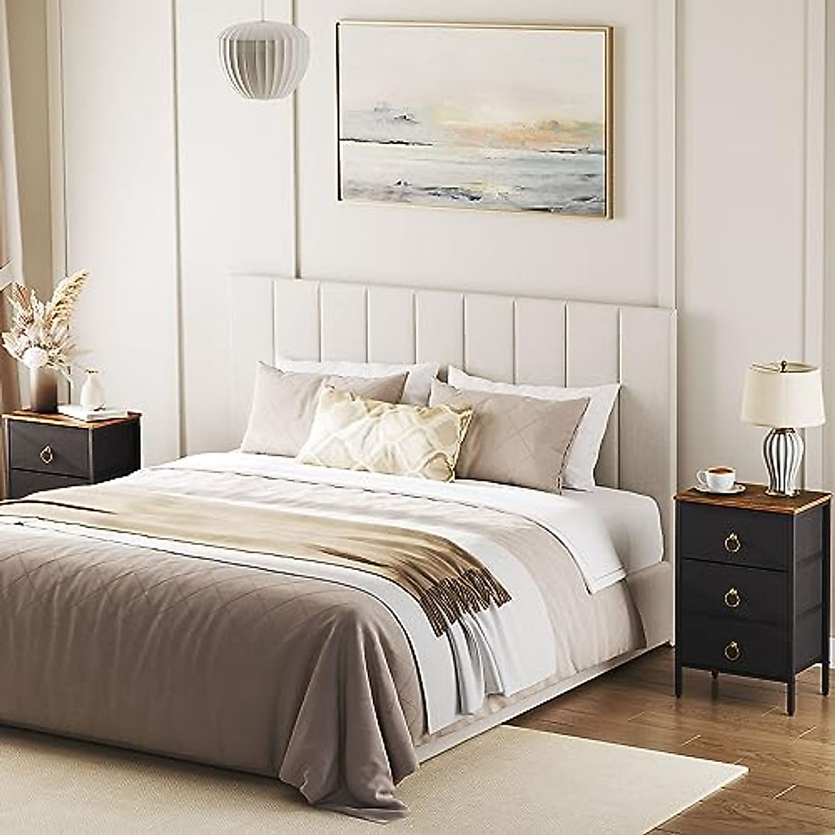 HOOBRO Nightstand, 3-Drawer End Table, Side Table with Fabric Drawers, Sofa Side Table, Metal Frame, Large Storage, for Bedroom, Study, Office, Large Storage, Rustic Brown and Black BF59BZ01
