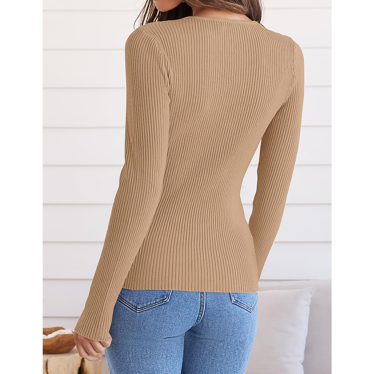 ZESICA Women's Long Sleeve Crewneck Shirts Spring Knit Sweater Slim Fitted Casual Basic Tee Tops,Toffee,Medium