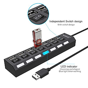 barsone Multi Port USB Hub Splitter, 7-Port USB 2.0 Hub for Laptop, USB Port Expander with On/Off Individual Switch Compatible for All USB Device