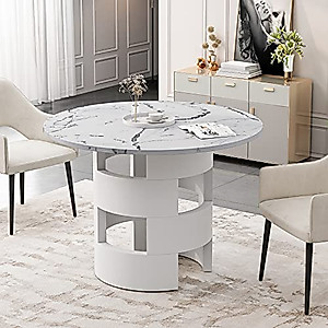 42.12" Modern Round Dining Table with Printed White Marble Table Top for Dining Room, Kitchen, Living Room