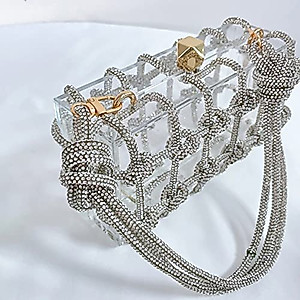 Grindfy Crystal-Embellished Rope Acrylic Clutch Rhinestones Evening Shoulder Bag Crystal women Clear Party Wedding Knot Bag (Sliver)