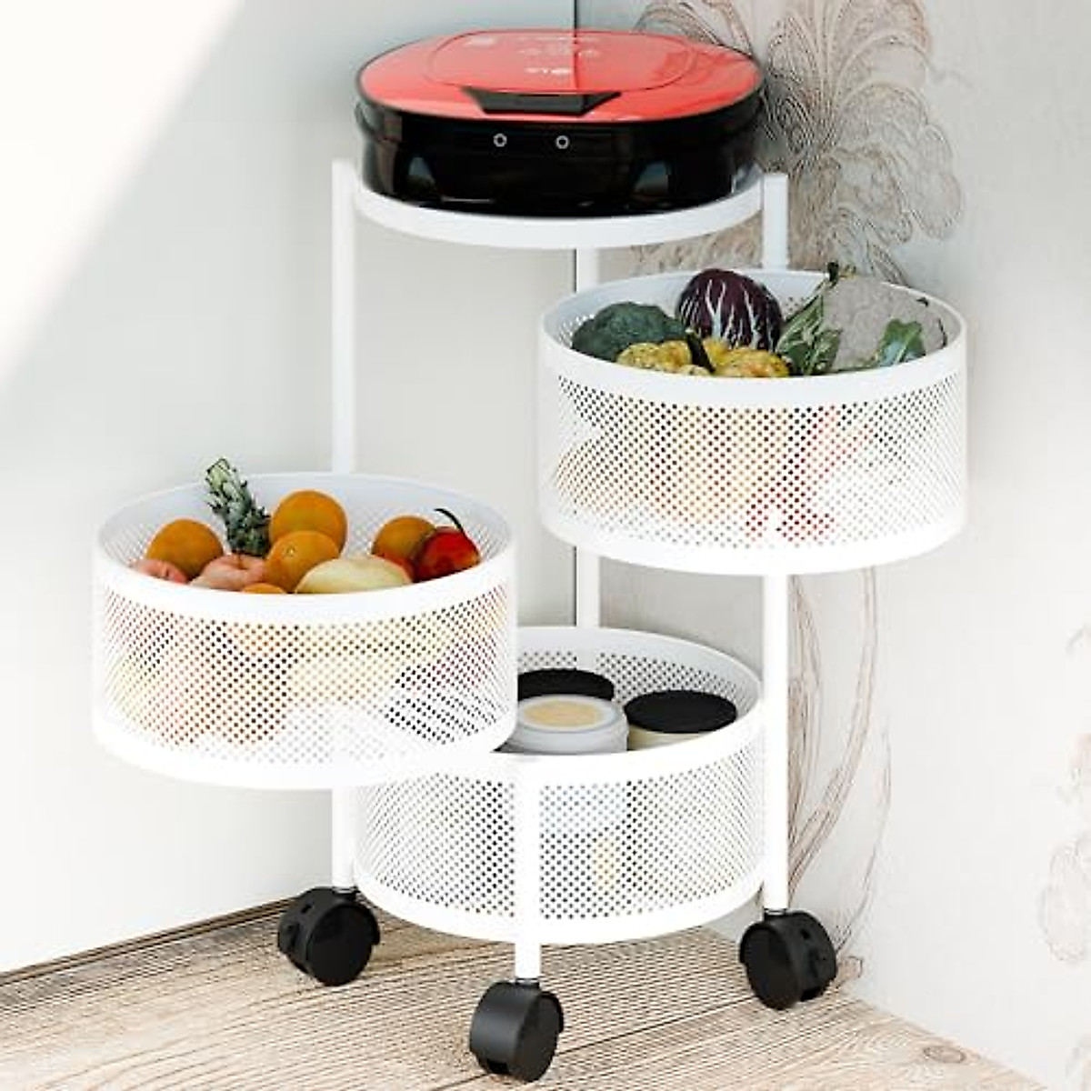 curfair Rotating Storage Rack for Kitchen, 3/4/5 Tier Circular Rotating Storage Shelf Kitchen Storage Cart, Fruit Metal Wire Basket Shelf for Kitchen,Living,Room and Bathroom White Four Layer