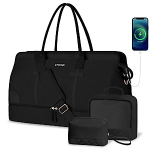 ETRONIK Weekender Overnight Bag for Women, Large Travel Duffle Bag with Shoe Compartment & Wet Pocket, Carry On Tote Bag Gym Duffel Bag with Toiletry Bag for Hospital 4 Pcs Set, Large Size, Black