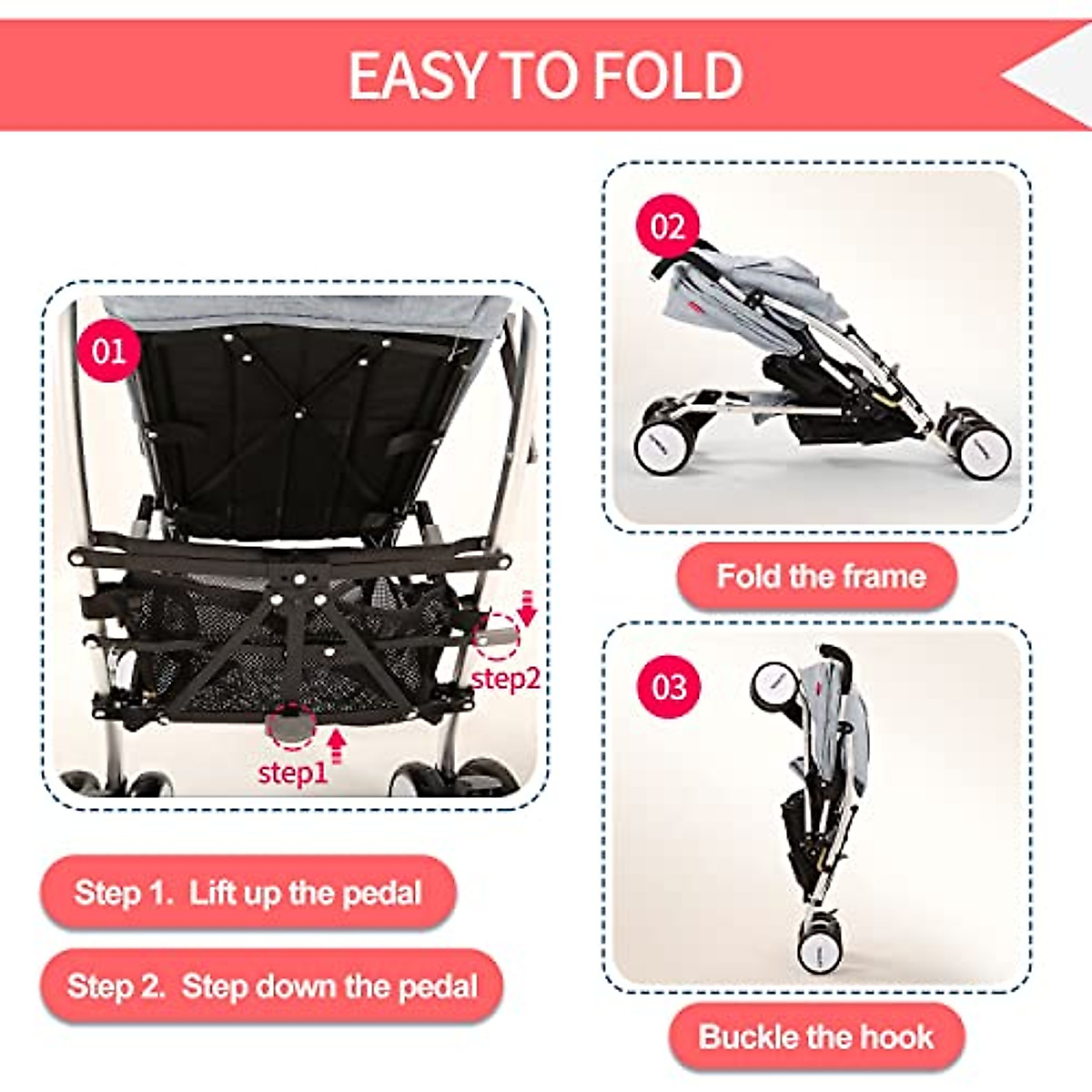 Umbrella Baby Stroller Lightweight Compact Stroller All Terrain Convenience Carriage Stroller Travel Tall Pram for Toddler Big Kids Single Stroller (Bright Grey)