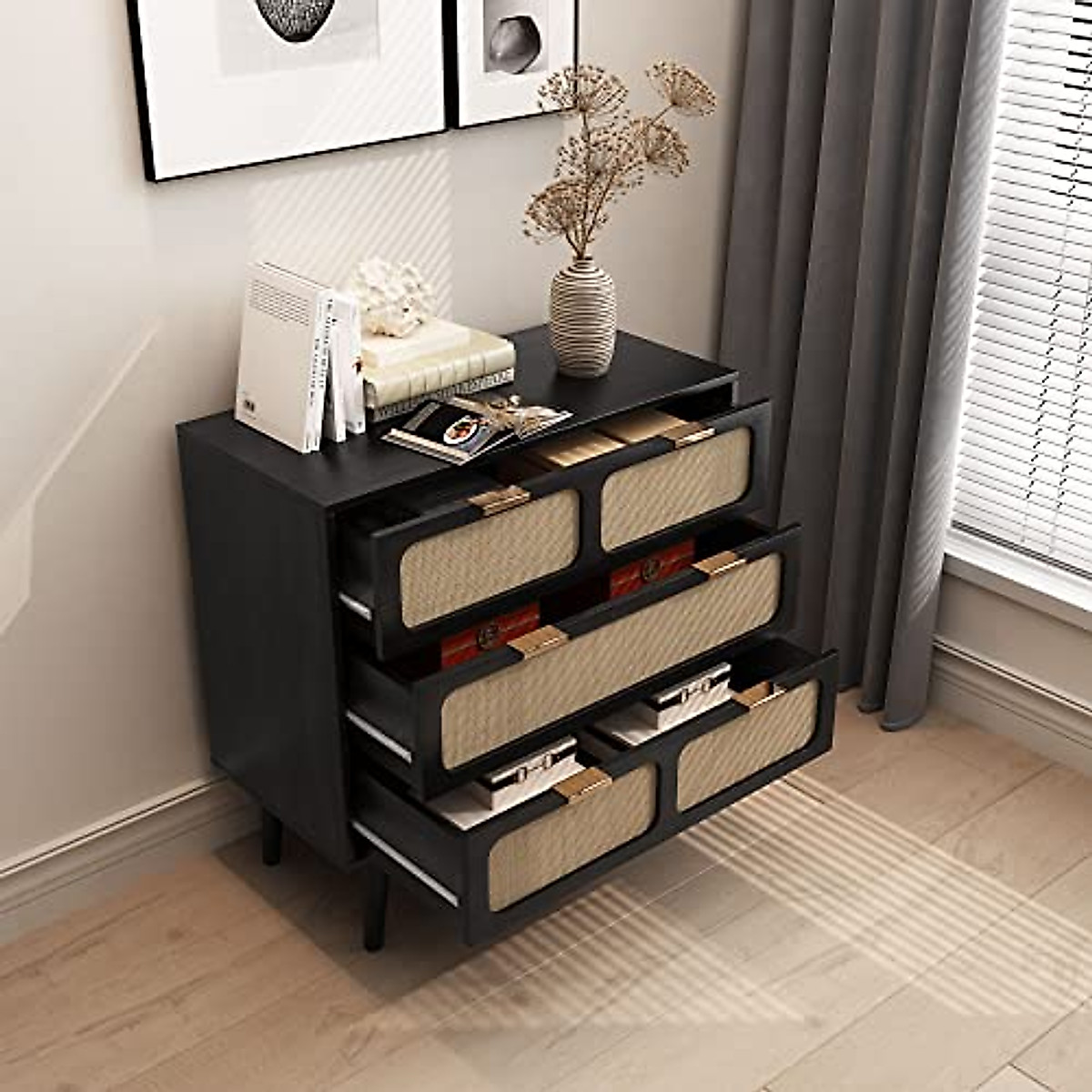 QEIUZON 3 Drawer Dresser, Modern Rattan Dresser Chest with Wide Drawers and Metal Handles, Farmhouse Wood Storage Chest of Drawers for Bedroom, Living Room, Hallway, Entryway (Black-2 Packs)