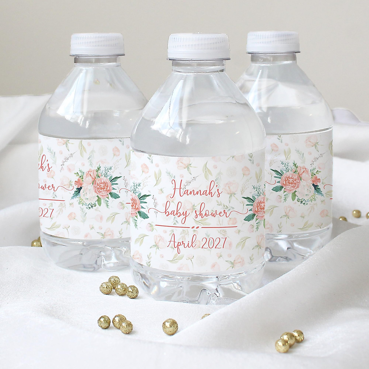 Personalized Pink Floral Baby Shower Water Bottle Labels - 24 Stickers