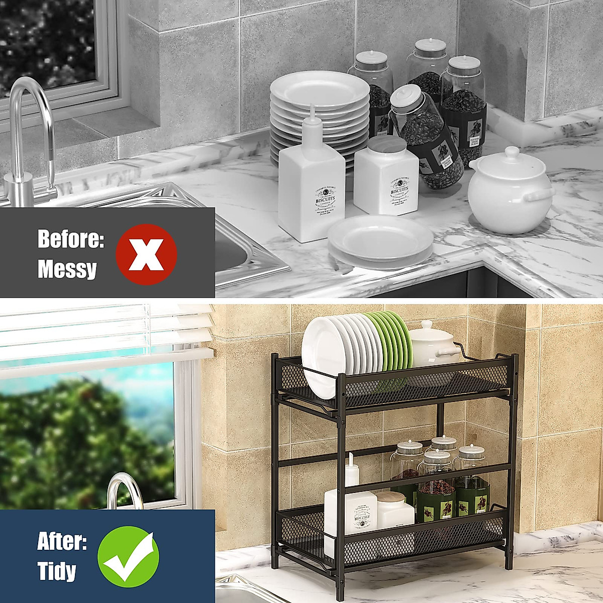 Housolution Under Sink Organizer and Storage, 2 Tier Metal Slide Out Under Cabinet Organizer with Stoppable Drawer, Height Adjustable Under Sink Shelf for Kitchen and Bathroom, Black