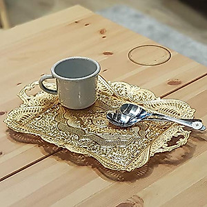 Gold Decorative Turkish Ottoman Tea Coffee Serving Tray with Handles Rectangle for Bar Outdoor Dresser Cups Moroccan Kitchen Perfume Table Party Wedding Vanity Bathroom Counter Candle