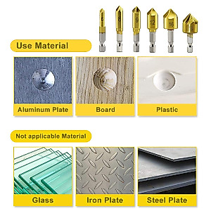 Countersink Drill Bit Set 6 Pcs 5 Flute Counter Sinker Drill Bits and 90 Degree Center Punch Tools HSS 1/4" Hex Shank for Wood Metal Quick Change 6-19mm (6)