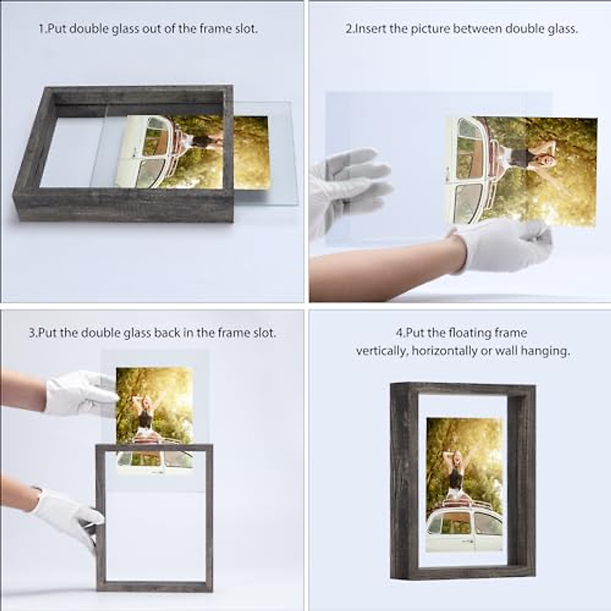 Trwcrt 8x10 Floating Picture Frame 2 Pack, Double Side Glass Picture Frames Display up to 10 x 12 Photos for Desktop or Wall Hanging, Gray