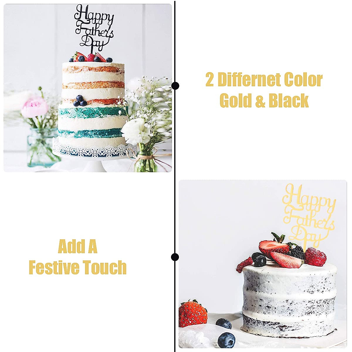 Happy Father's Day Cake Topper, 10 Pack Gold and Black Acrylic Cake Picks Cake Decorations Cake Food Decoration Party Supplies for Father's Day