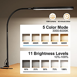 SKYLEO Desk Lamp for Office Home- 34" LED Desk Light - Touch Control - 5 Color Modes X 11 Brightness Levels - 1300ML(112 Pcs Lamp Beads) - Timmer & Memory Function - 12W Clip On Light - Black