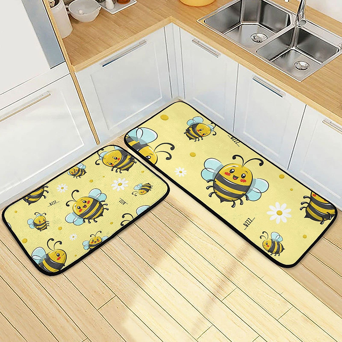 JIPONI Cute Honey Bee Cartoon Kitchen Rugs Set of 2 Pieces, Non Slip Cushioned Anti Fatigue Mats for Kitchen Floor, 19.7" X27.6+19.7" X47.2 Heavy Duty Comfort Standing Mats