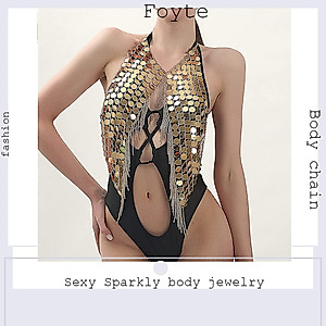 Foyte Sexy Sequins Tassels Body Chains Summer Bikini Gold Body Chains Sexy Beach Bra Body Chains Sparkly Body Accessorices for Women and Girls (Sequins)