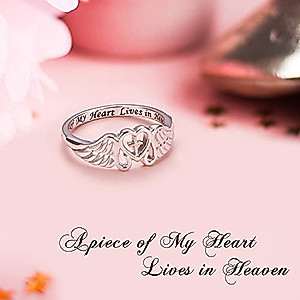 FLYOW S925 Sterling Silver A Piece of My Heart Lives in Heaven Angel Wing Ring for Women Jewelry Memory of Mom Dad Grandma Grandpa Husband Loss Memorial Gift, Size 9