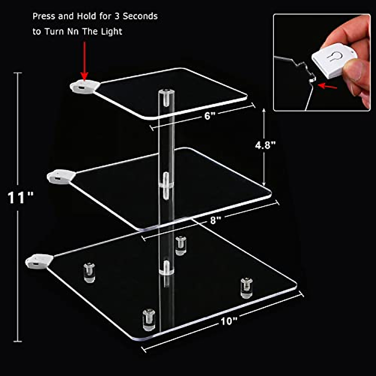 TANGSHUO 3 Tiers Square Acrylic Cupcake Stands with Rechargeable LED Light, Clear Cupcake Tower - Dessert Tower - Cupcake Tier Stands for Weddings, Anniversaries, Baby Showers, Birthday Parties