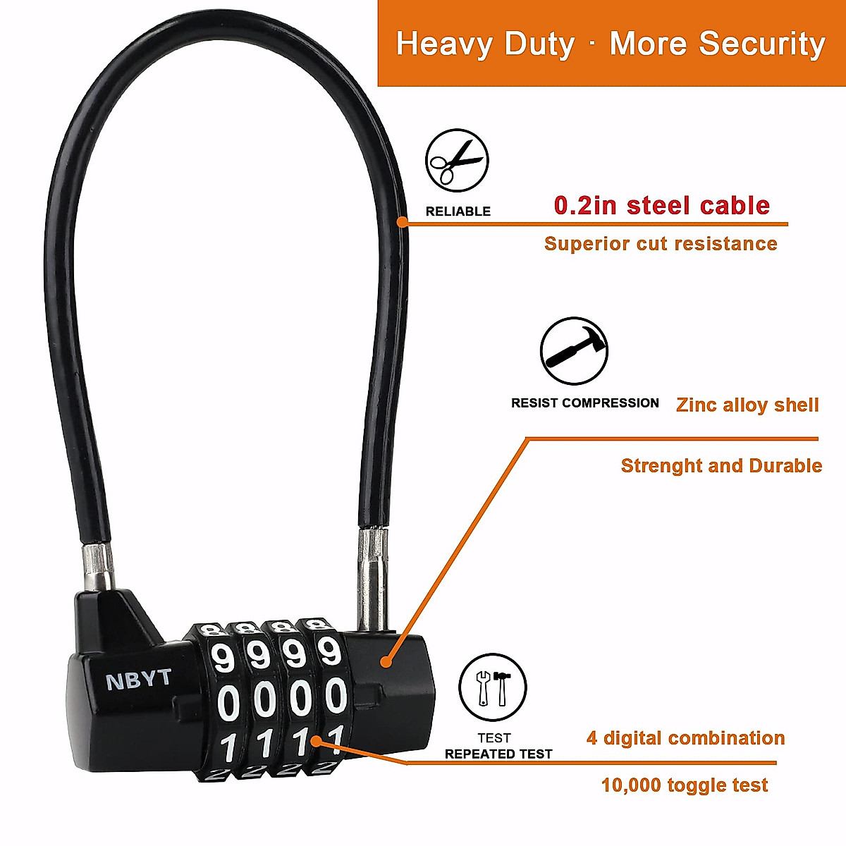NBYT Combination Cable Lock, 3/16-Inch Steel Cable, 7-Inch Length, 4-Digit Lock for Gates, Fences, Cabinets,Shed,Dumpster,Outdoor Security