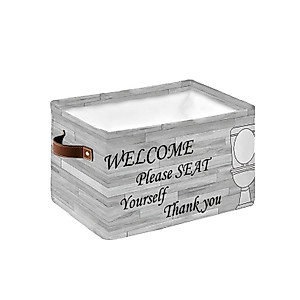 Please Seat Yourself Storage Bins 1 Pack, Large Waterproof Storage Baskets for Shelves Closet, Vintage Beige Wooden Welcome Toilet Storage Basket Foldable Storage Box Cube Organizer with Handles
