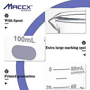 Maccx 3.4oz(100ml) Sturdy Glass Beaker, 3.3 Borosilicate Griffin Low Form with Printed Graduation, Pack of 12, BKL100-012