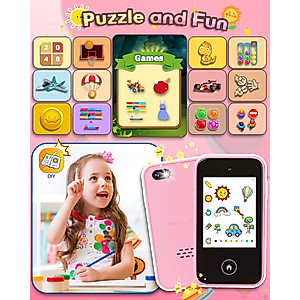 shiningstone Kids Toy Phone, Toddler Phones with MP3 Music Player, Dual Camera, Flashlight, Timer, Calculator, Habit Recorder, Kids Smart Phone for Girls and Boys 3-8 Years-Pink