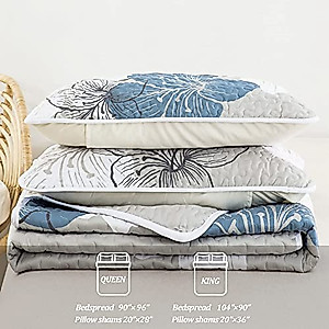 DJY 3 Pieces Quilt Set King Blue Floral Pattern Quilt Coverlet Elegant Bohemian Bedspread with 2 Pillow Shams Soft Lightweight Bedding Quilt Set for Adults (Blue, 104"x90")