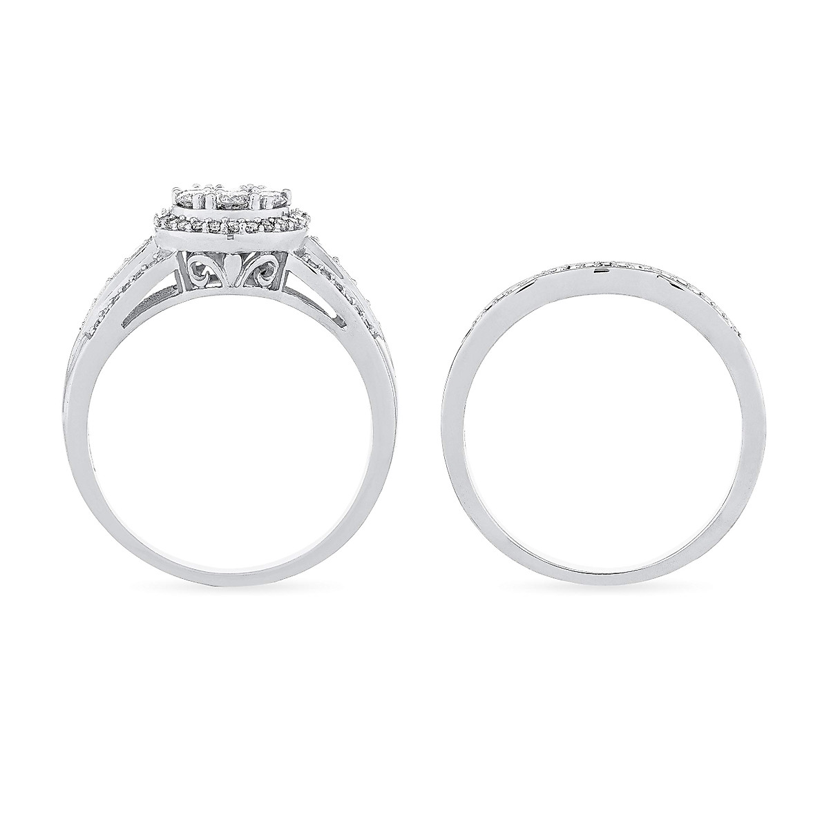 10K White Gold 3/4 Cttw Diamond Cluster Halo 3 Row Split Shank Engagement Ring & Wedding Band Bridal Set (H-I Color, I1-I2 Clarity) - Size 8