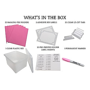Kid's Craft Memory Keepsake Organizer Box - Clear Storage Latching Bin with Hanging File Folders and Custom Tab Inserts (Pink)