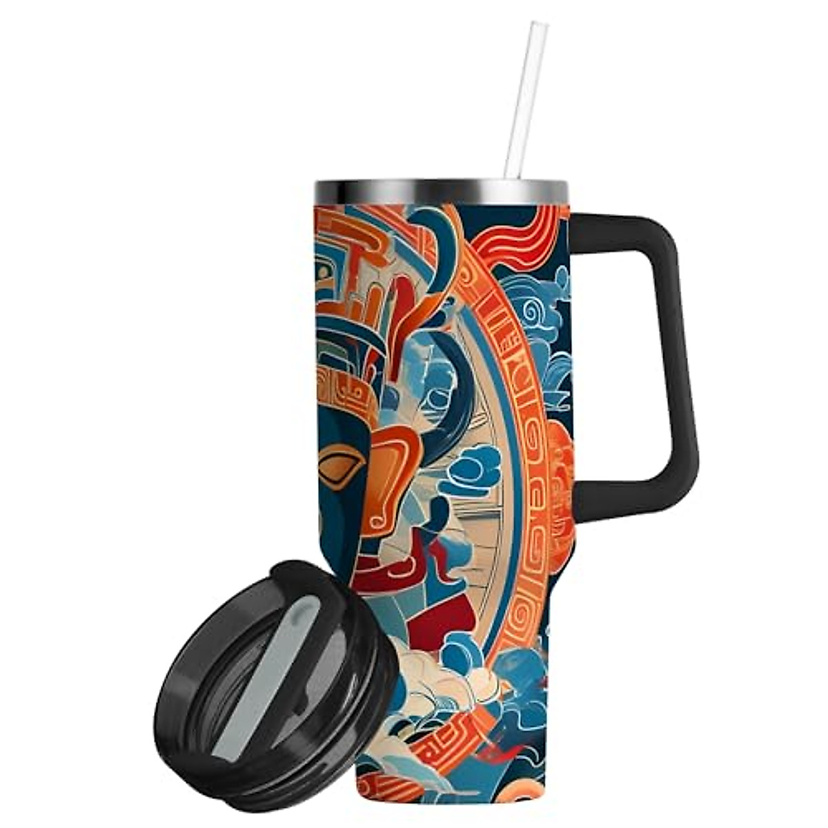 Nexawaveo 30oz 40oz Mythical Sanxingdui Ornament Dark Stainless Steel Vacuum Insulated Tumbler with Lid and Straw for Water, Iced Tea or Coffee, Smoothie Travel Mug