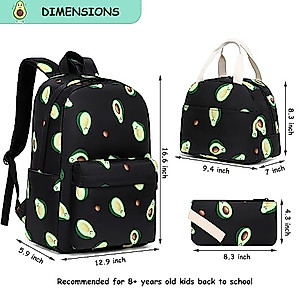 Fuyicat Avocado School Backpack Set for Girls, 3-in-1 Kids Teens Elementary Middle School Bags Bookbag with Lunch Bag Pencil Case