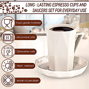 Porcelain Espresso Cups Set of 4 with Saucers - Comes with a Complimentary Espresso Drink Poster - Modern Dishwasher Safe Espresso Cup Set in Gift Box for any Occasion - 3.5 oz each, Ivory White.