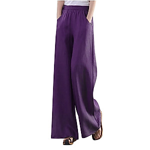 Linen Pants Women Summer Short Inseam Womens Straight-Leg Pull-on Pants Cotton Linen Trousers Palazzo Lounge Pants Slacks Summer Casual Comfy Loose Pants Purple XL