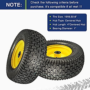 MaxAuto 2Pcs 16x6.50-8 Tire and wheel for Lawn Riding Mowers Garden Tractors, 4" Centered Hub with 1" Axle Bore,Yellow Rim