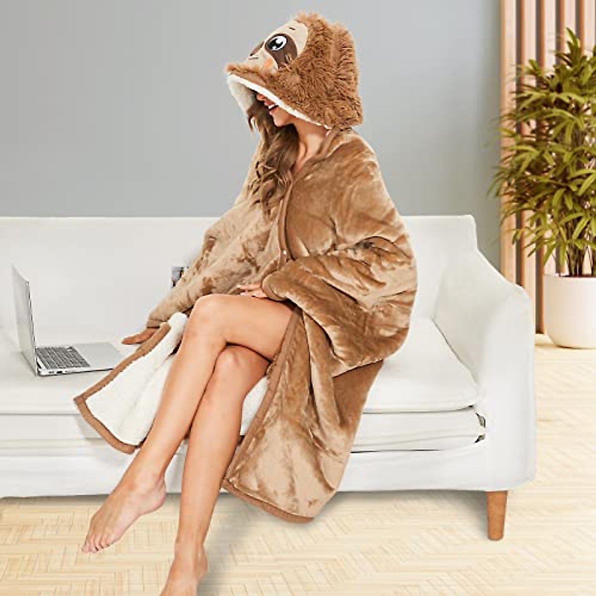 THREE POODLE Sloth Wearable Hooded Blanket Sloth Gifts for Adults Women Kids, Warm and Cozy Wearable Sloth Blanket Hoodie, Premium Sloth Bedding Sloth Throws