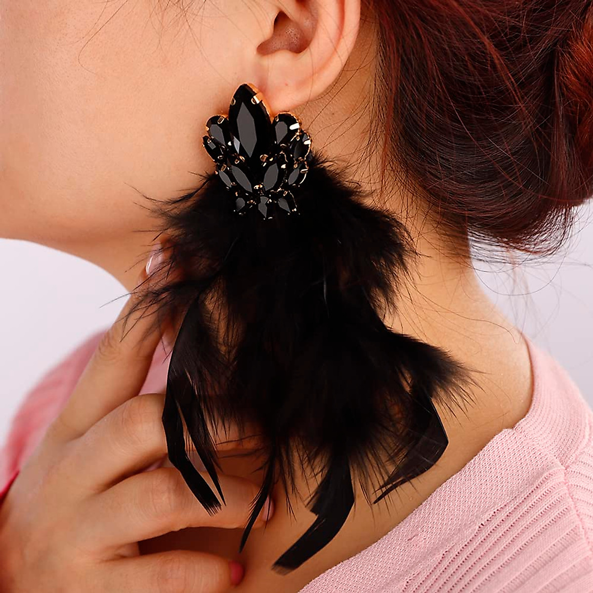 Denifery Long Feather Earrings Bohemian Earrings Multicolor Tassel Handmade Feather Earrings Dangling Earrings for Women and Girls (Black)