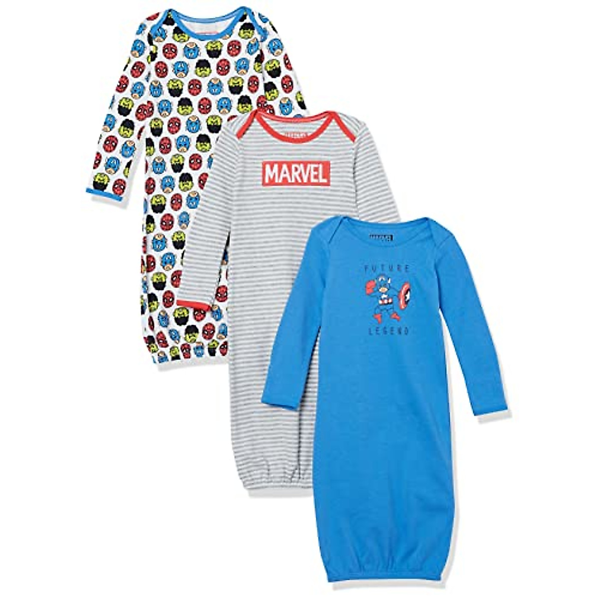Amazon Essentials Disney | Marvel | Star Wars Baby Boys' Sleeper Gowns, Pack of 3, Marvel Friends, 0-6 Months