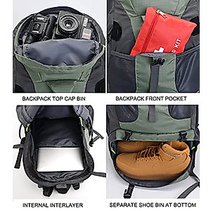 Bseash 50L Water Resistant Hiking Backpack, Lightweight Outdoor Sport Daypack Travel Bag for Camping Climbing Touring (Army Green - with shoe compartment)
